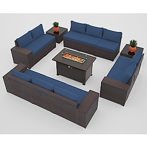 ASJMR Outdoor Patio Furniture Set with Gas Fire Pit Table, 13 Pieces Patio Sectional Sofa w/43in Propane Fire Pit, PE Wicker Rattan Patio Conversation Set - Navy