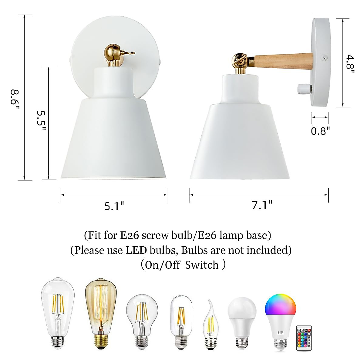 ClanKin White Wall Sconces Lighting Fixture, Nordic Wooden Bedside Wall lamp with On-Off Switch for Industrial Bedroom, Bathroom Sink Lighting for Hallway Living Room(1Pack with On-Off Swtich)