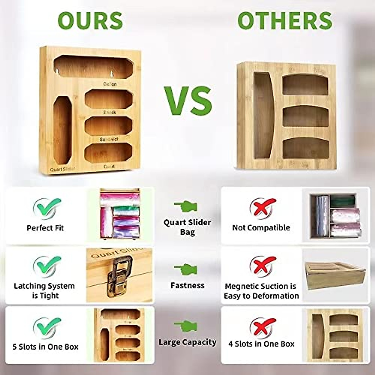 Sandwich Baggie Organizer, 5 Slots Ziplock Bag Storage Organizer, Bamboo Ziplock Bag Storage Organizer, for Kitchen Drawer & Wall Mount, Suitable for Gallon, Quart, Sandwich, and Snack Bags