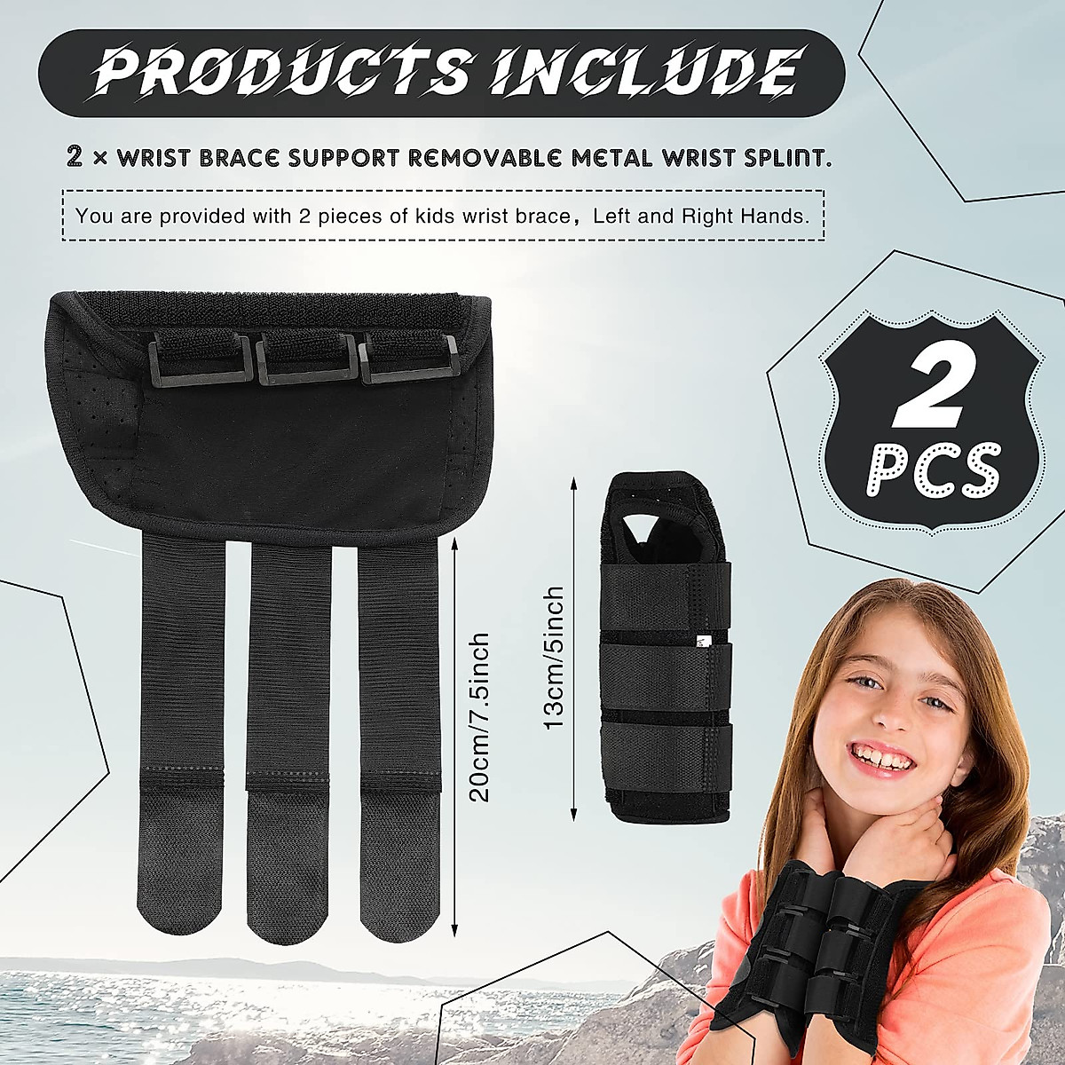 2 Pcs Wrist Brace for Kids Youth Carpal Tunnel Black Splints Wrist Brace Night Support with Adjustable Compression Straps for Children Sports Sleep (Age 8-12)