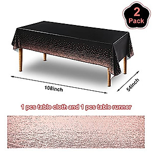 Irenare Tablecloth and Sequin Table Runner Set Polka Dots Confetti Table Cover Dining Plastic Table Cloths Glitter Decorations for Birthday Wedding Anniversary Party Supplies (Black, Rose Gold)