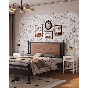 JOONEE Rattan Nightstand，Modern Farmhouse Bedside Table with Storage Drawer and Shelf (White)