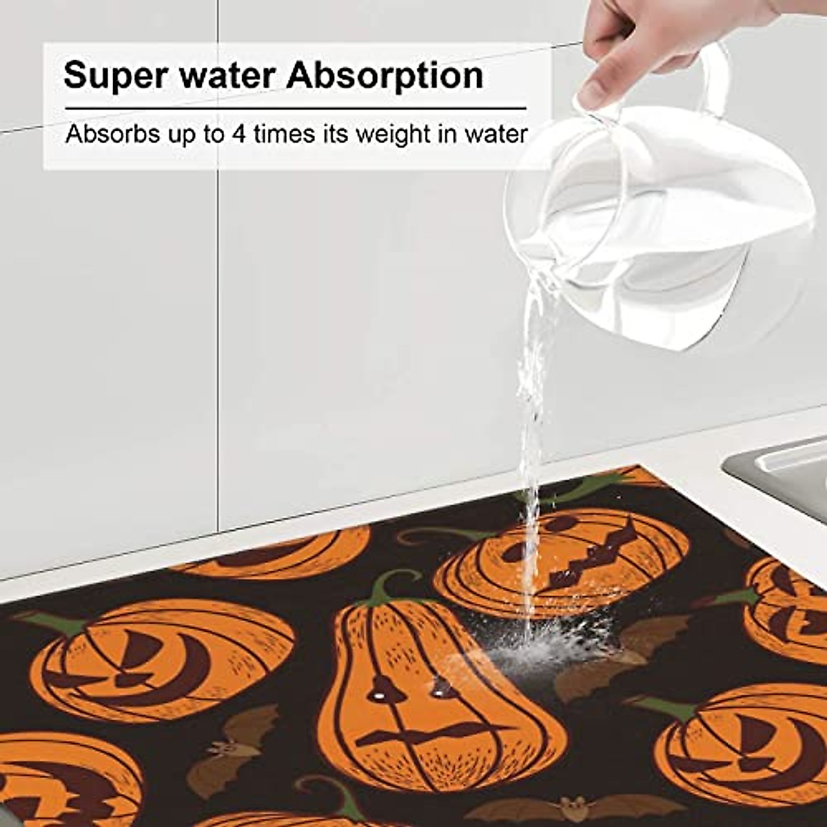 Halloween Pumpkin Printed Drying Mat For Kitchen Ultra Absorbent Microfiber Dishes Drainer Mats Non-Slip Silicone Quick Dry Pad - 18 X 16inch