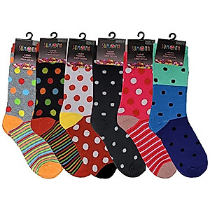 Sumona 6 Pairs Women Colorful Fancy Design Soft & Stretchy Novelty Crew Socks (Bright Polka Dot)