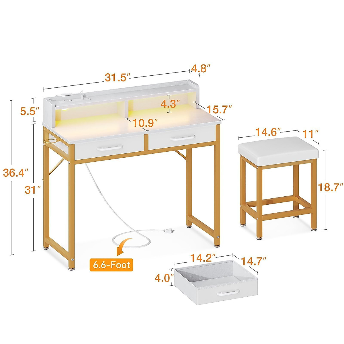 AODK Vanity Desk with Vanity Chair, Makeup Vanity with LED Lights, White Small Vanity Desk Without Mirror, 32 Inch Makeup Table for Small Space with 2 Fabric Drawers, Desk Make Up Vanity for Girls