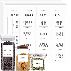 v2croft 134 Pantry Labels for Containers, Minimalist Farmhouse Style, White Matte Stickers Black Text, Preprinted Organizaiton Labels for Jars, Bottles & Canisters Storage Bins(Waterproof)