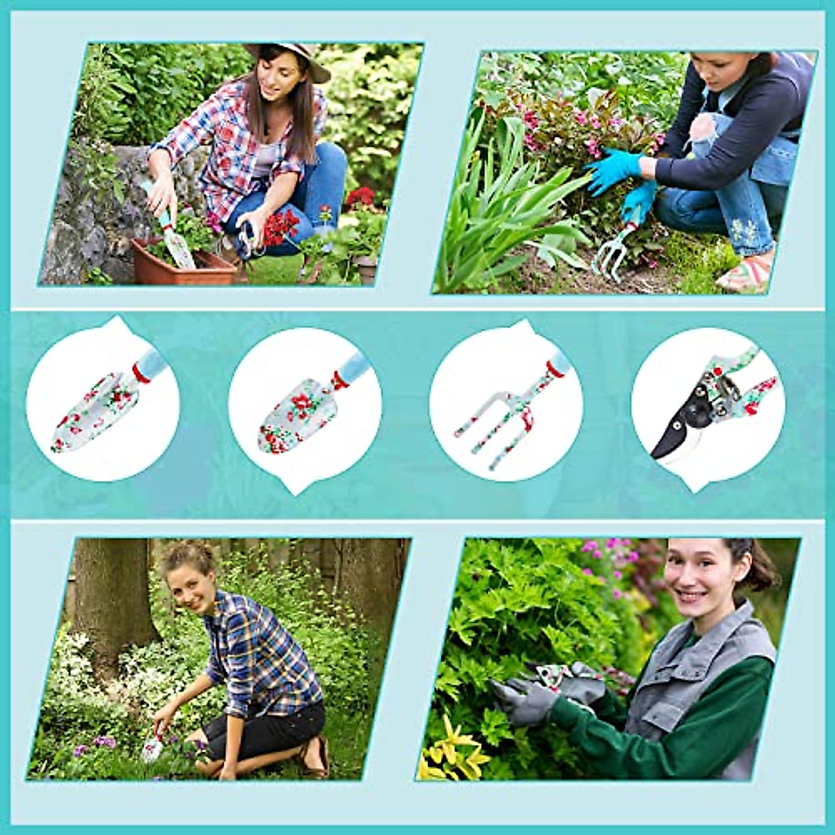 Gardening Tools, 4 PCS Heavy Duty Floral Garden Tool Set, WANCHI Rustproof Aluminum Gardening Hand Tools,Gardening Gifts for Women Birthday, Gardening Kit（Rake，Trowel，Transplanter，Pruning Shears）