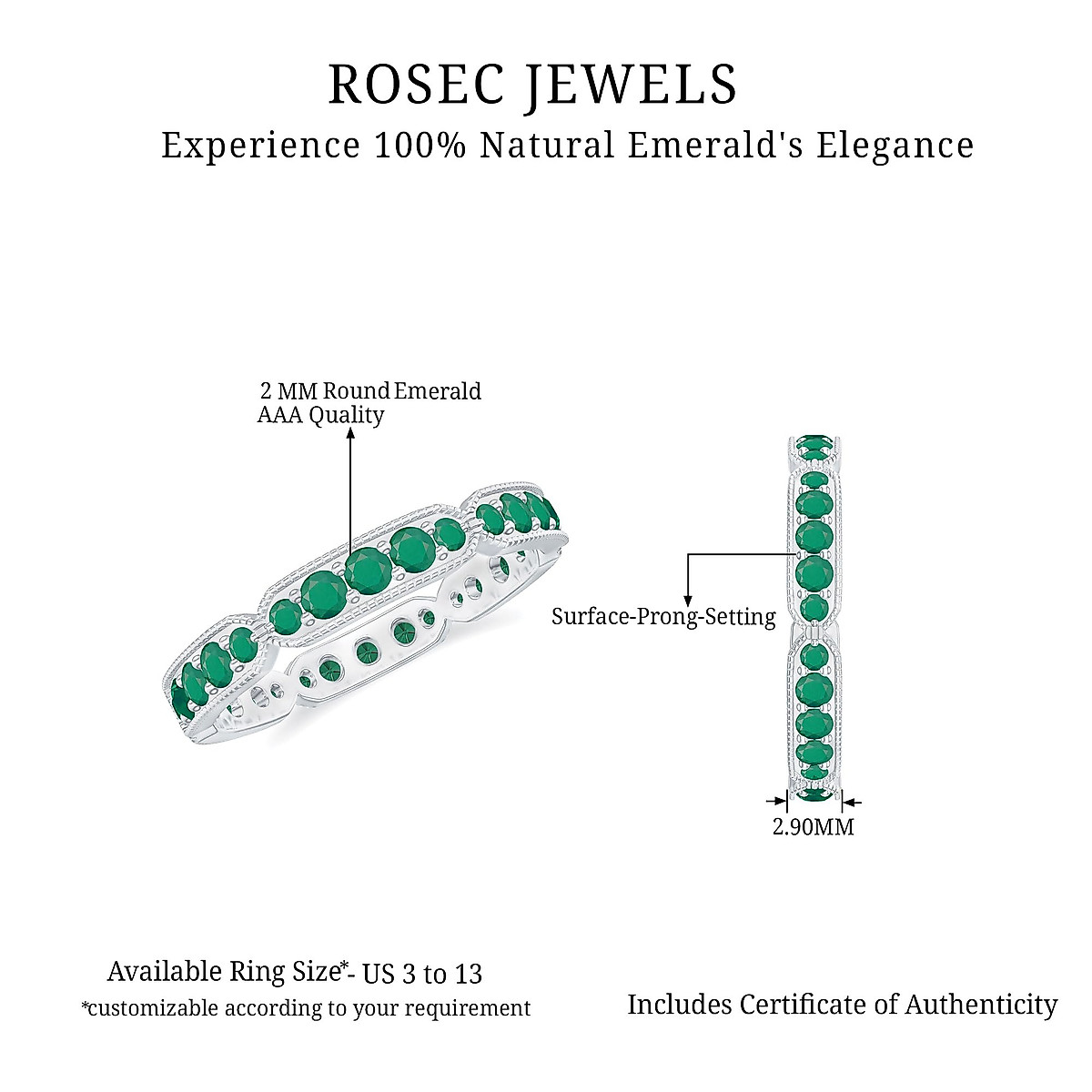 Real Emerald Eternity Milgrain Wedding Anniversary Band Ring for Women, 1.25 cttw, May Birthstone, 14K White Gold, Size:US 5.00