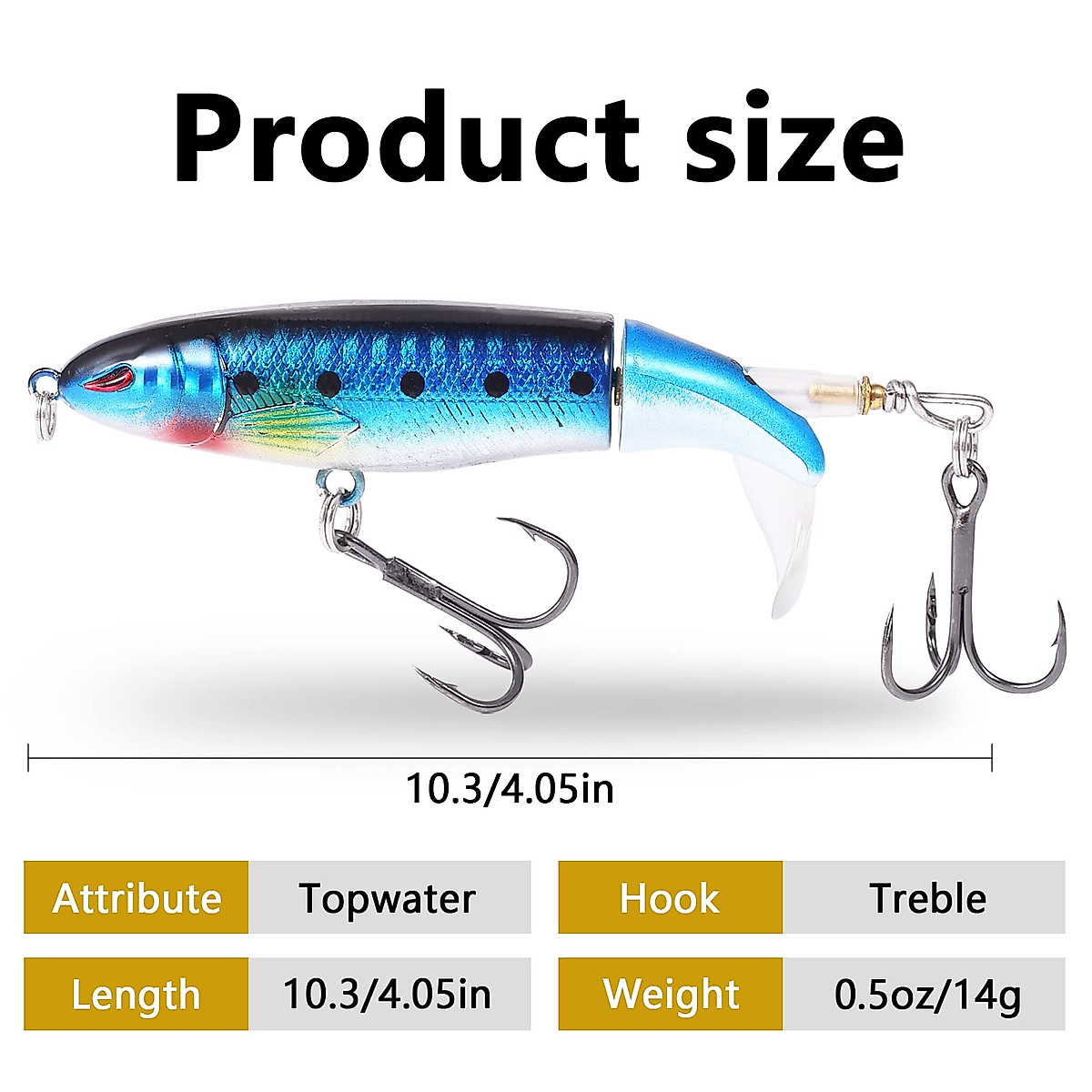 6Pcs Bass Fishing Lures, Whopper Popper Lure, Floating Surface Hard Swimbait with Rotating Tails, Lifelike Spinner Action Lures with Heavy Duty Hooks