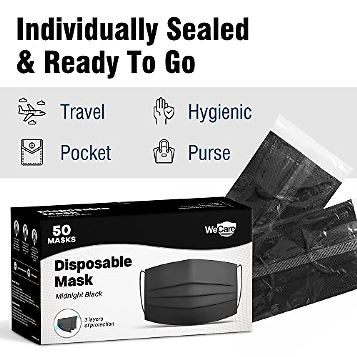 WECARE Disposable Face Mask Individually Wrapped - 50 Pack, 3 Ply Black Masks