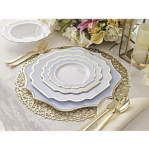 " OCCASIONS " 50 Plates Pack (25 Guests)-Heavyweight Wedding Party Disposable Plastic Plate Set -(25x10.5'' Dinner + 25x8'' Salad/dessert (Imperial in White/Blue & Gold)