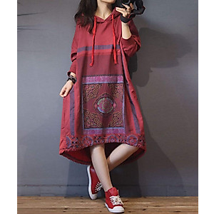 YESNO Women Casual Loose Ethnic Floral Hoodies Sweatshirts Jackets Curved Hemline with Drawstring Long Sleeve/Pockets JCJ (One Size YK9 Red)