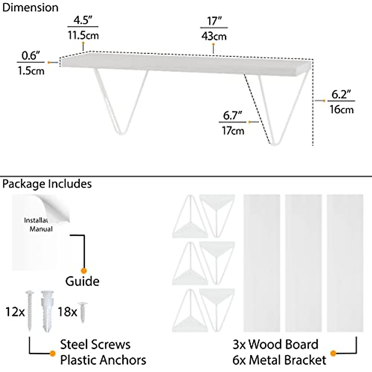 Wallniture Colmar Washed White Floating Shelves for Wall, Wood Wall Shelves for Living Room, Geometric Triangle Shelf with White Brackets Set of 3