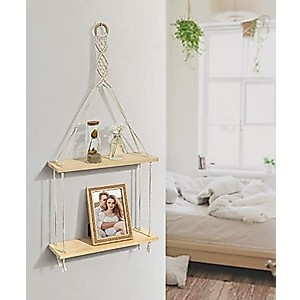 Afuly Macrame Hanging Shelves Wall Floating Shelf Natural Wood Chic Boho Decor 2 Tiers Pine Wood Cotton Rope Beige for Bedroom Bathroom Living Room Decor Ready to Hang, Beige