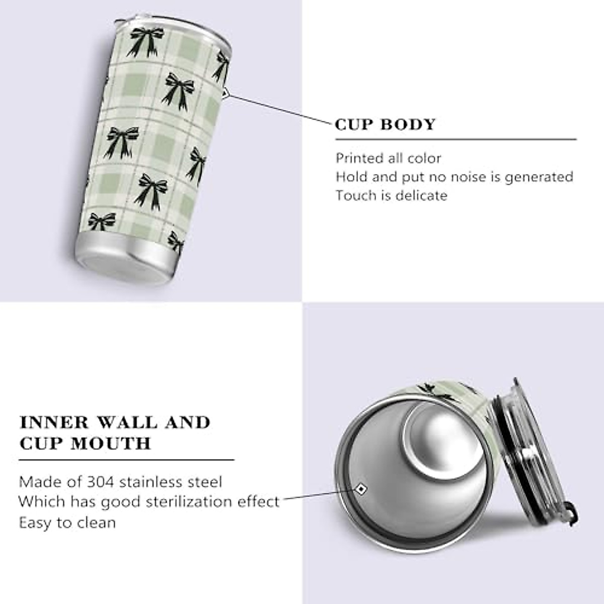 Green Plaid Black Butterfly Stainless Steel travel cups Leak-proof Lid and Straw travel coffee mug spill proof for Water, Iced Tea or Coffee safe umbler 20 OZ