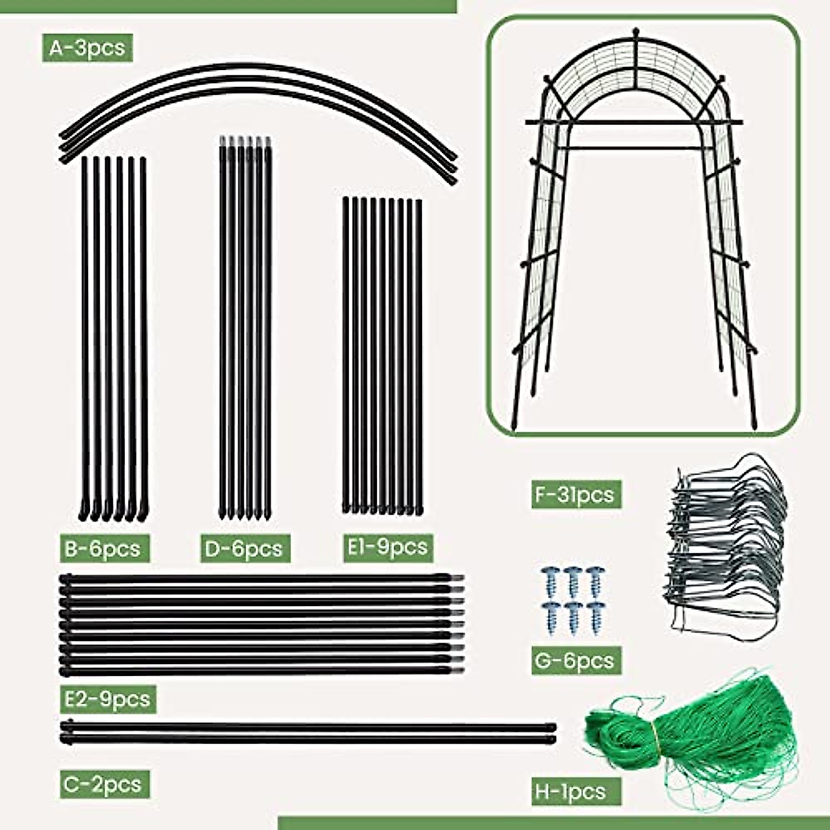 Ambikun Garden Trellis 82in Extra Tall Polyethylene-Coated Stainless Steel Trellis for Climbing Plants Outdoor Garden Climbing Arch | Garden Supplies with Mounting Clips and Nylon Net