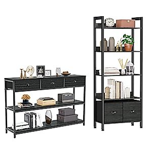 Furologee 5-Tier Bookshelf, Tall Bookcase with 2 Storage Drawers, Long 47" Console Table with 3 Drawers, Entryway Table with Storage Shelves