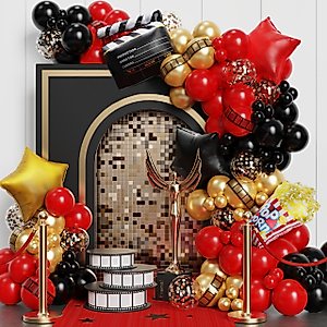 Enanal Movie Night Balloon Garland Arch Kit, 134pcs Black Red Chrome Gold Balloon with Clapboard Popcorn Foil Balloons for Movie Theater Film Party Decoration Birthday Bridal Shower Backdrop (Movie)