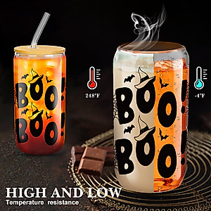 meekoo 6 Pcs Halloween Glass Cups 16 oz Iced Coffee Cups Pumpkins Bat Ghost Beer Tumblers with Lids and Straws Spooky Mug Mason Jar Glass for Halloween Party(Classic)