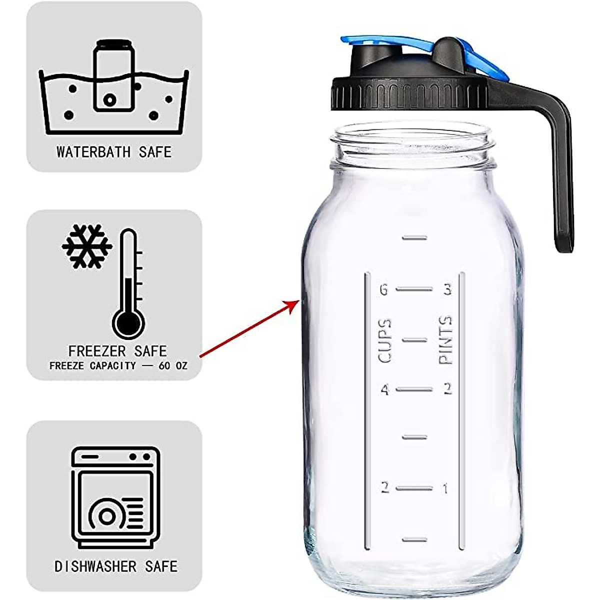 64 OZ Mason Jar Pitcher Wide Mouth 64 oz Mason Jar Pitcher with Airtight Lid and metal lid and band - 2 Quart Pitcher for Iced Tea, Sun Tea, Juice, Coffee (Blue)