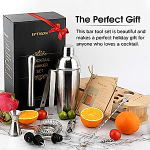 Bartender Kit, EPTISON 16-Piece Stainless Steel Cocktail Shaker Set with Stylish Bamboo Stand & Cocktail Recipes Booklet, Professional Bar Tools for Drink Mixing, Home, Bar, Parties