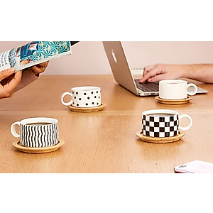 SUPERLY Stackable Espresso Cups Set of 4 - Espresso Mugs with Wooden Saucers, Metal Stand - Durable Porcelain Espresso Cup - Easy To Clean, Dishwasher-Safe - Modern Coffee, Latte, Tea Mug Set - 6 Oz