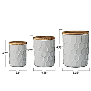 Bloomingville Farmhouse Stoneware Canisters with Honeycomb Design and Bamboo Lids, White and Natural, Set of 3 Sizes