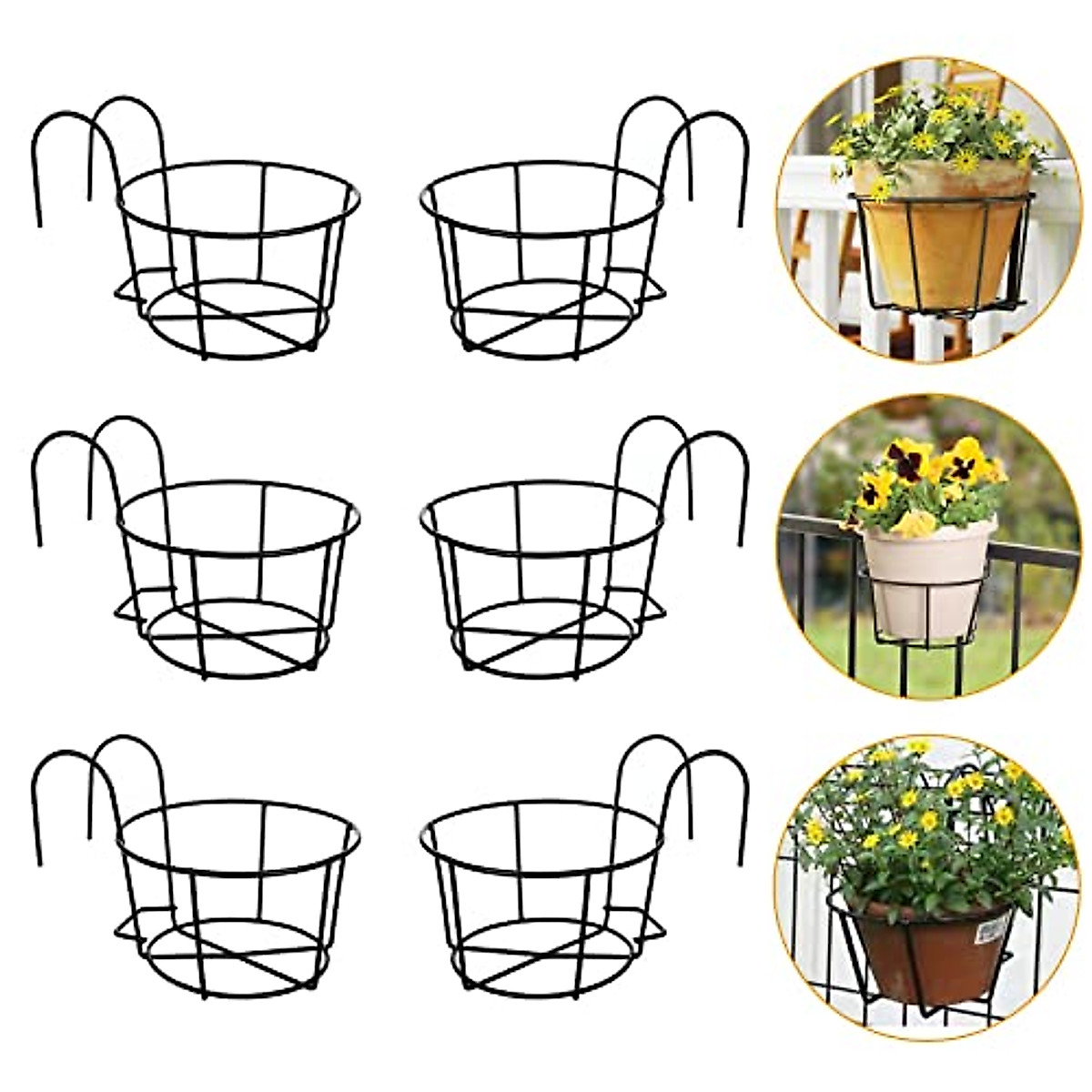 6 Pcs Round Hanging Railing Planters Basket, Metal Flower Pot Holder, Planter Potted Stand Iron Rack Fence Support Stand Shelf with Detachable Hook for Balcony, Garden, Indoor and Outdoor, Black