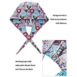8 Packs Gourd-Shaped Working Cap with Buttons Sweatband Adjustable Hats Tie Back Hats Headwear Printed for Women Men, Multicoloured, Medium