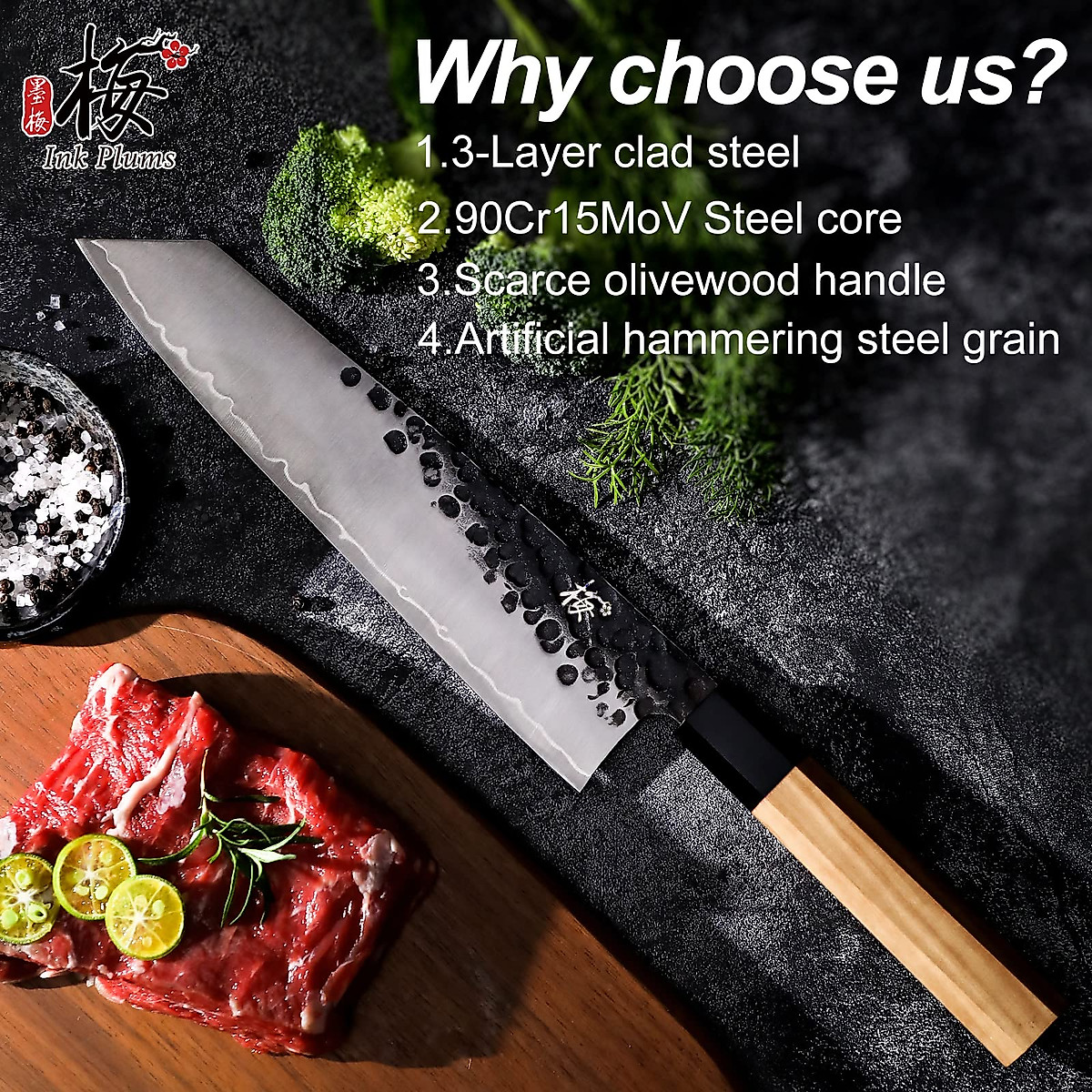 Ink Plums 9 Inch Kitchen Kiritsuke Chef Knife, High Carbon Stainless Steel With Professional Hand Forged Cooking Knife, (Olivewood Handle & Gift Box)