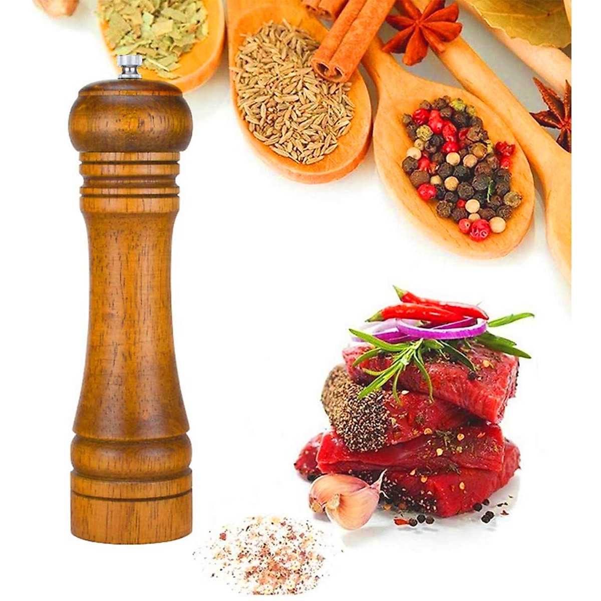Solid wood oak grinder restaurant pepper manual grinding powder pepper ceramic adjustable coarse grinder (8inches) (8.66x2.16)