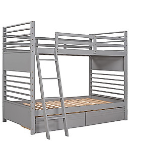 BIADNBZ Solid Wood Twin Over Twin Bunk Bed with Two Drawers Can Be Separated into Two Bedframe for Kids/Teens/Adults Bedroom,Gray
