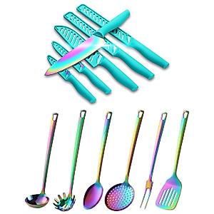 KYA37 Rainbow Titanium 12-Piece Stainless Steel Kitchen Knives Set with Sheath + KYA52 6PCS Nonstick Colorful Stainless Steel Rainbow Utensil Sets