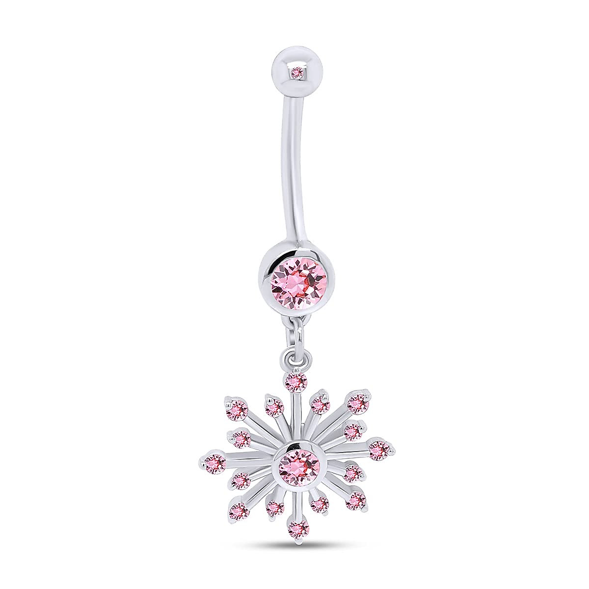 AFFY Round Shape Simulated Tourmaline Snowflake Belly Button Navel Ring in 14K White Gold Over Sterling Silver