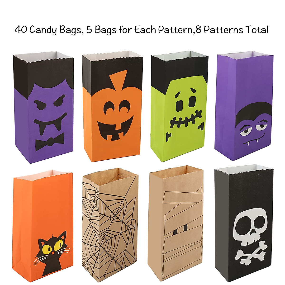 Rulyyo Halloween Trick or Treat Goody Gags Gift Bags, 8 Design, 40 PCS Halloween Treat Bags Party Favor Candy Bags