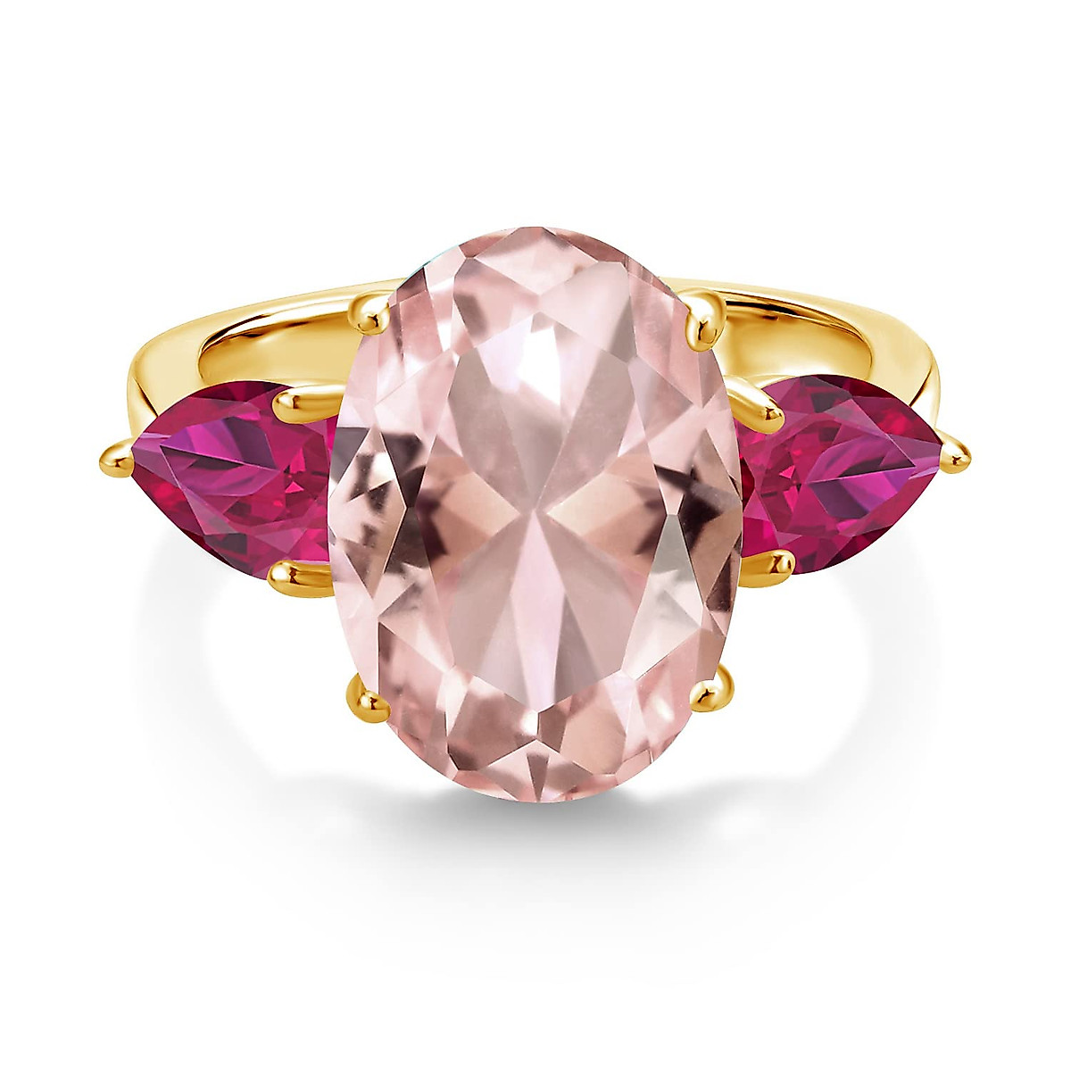 18K Yellow Gold Plated Silver Peach Nano Morganite and Red Created Ruby Ring For Women (11.20 Cttw, 14X10MM Oval and 7X5MM Pear Shape, Gemstone October Birthstone, Available In Size 5, 6, 7, 8, 9)