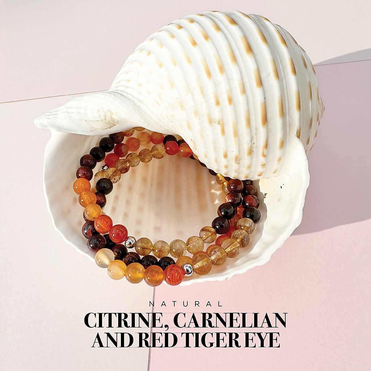 Joyfulmuze Natural Gemstones Stretch Bracelets, Carnelian Quartz, Rutilated Citrine, Red Tiger Eye Stone, Triple Protection Handmade Birthday Gift for Women and Men (Red-Tiger-Eye-Citrine-Carnelian)