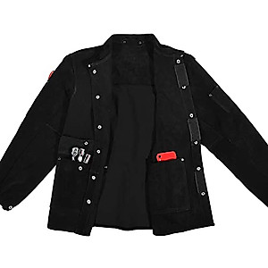 Black Leather Welding Jacket, Heavy Duty FR Heavy Duty Split Cowhide Leahter (Large, l)
