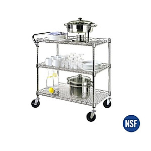 Heavy Duty 3 Tier Rolling Utility Cart Kitchen Cart on Wheels Metal Serving Cart Commercial Grade with Wire Shelving and Handle Bar for Kitchen Office Hardware