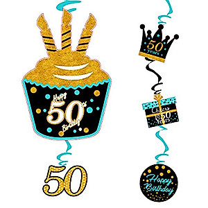Furuix 50th Birthday Decorations for Women Teal Gold 50th Birthday Hanging Swirls Hanging Swirls Decorations for Teal Gold 50 Years Old Party Supplies