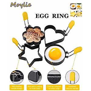 Egg Ring Upgraded Set of 4 with Oil Brush,Foldable silicone handle.Stainless Steel Egg Ring,Non Stick Round Omelette Model for Fried Egg McMuffin Sandwiches.(4 different shapes）