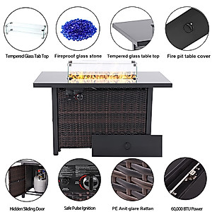 43 Inch Propane Fire Pit Table, 50,000 BTU Auto-Ignition Rattan Gas Fire Pit Table with Glass Wind Guard, CSA Approved for Outdoor Garden, Patio, Deck Poolside.