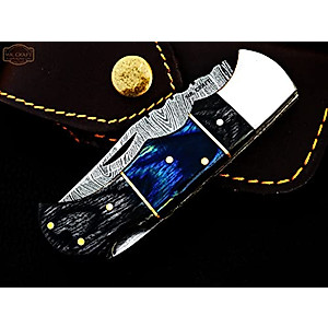 Personalized & Customized Word "A" Damascus pocket knife folding hunting knives 6.5" back lock with leather sheath Damascus blade knife - folding camping pocket knife - small folding knife - handmade gift knife - folding knives - sharpest pocket knife - h