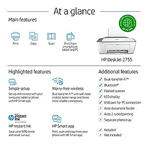 HP DeskJet 2755 Wireless All-in-One Printer, Mobile Print, Scan & Copy, HP Instant Ink Ready, Works with Alexa (3XV17A)
