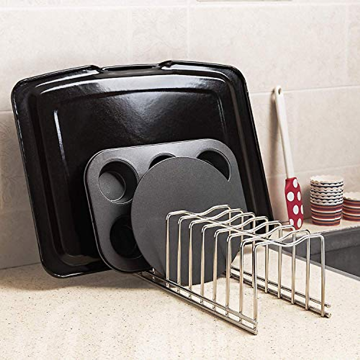 SANNO Pot Lid Organizer Pot Lid Rack Holder Drawer Plate Organizer for Bakeware Dish Plate, Cutting Boards, Pots & Pans, Serving Trays, Reusable Containers in Cabinet Pantry