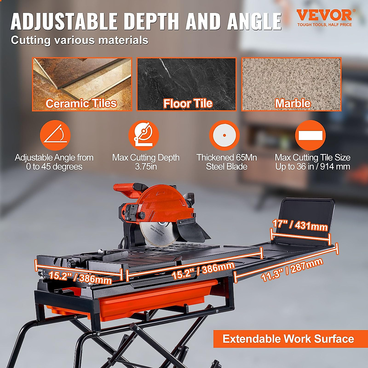 VEVOR Wet Tile Saw with Stand, 10-inch 65Mn Steel Blade, 4500 RPM Motor, Tile Cutter Wet Saw with Water Reservoir and Casters, 0-45 Degrees Miter Angle for Cutting Tiles, Floor Tiles, and Stones