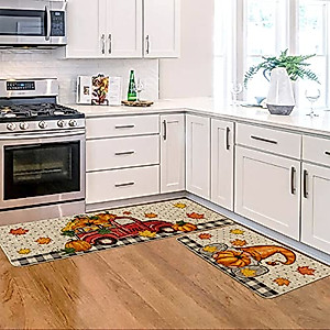 Artoid Mode Polka Dot Gnome Truck Pumpkin Fall Kitchen Mats Set of 2, Maple Leaf Home Decor Low-Profile Kitchen Rugs for Floor - 17x29 and 17x47 Inch