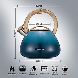 MARSKITOP Tea Kettle Stovetop Whistling Tea Pots for Stove Top Food Grade Stainless Steel Teapot for Induction Cooktop, 2.6 Quart, Blue