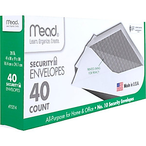 Mead #10 Envelopes, Security Printed Lining for Privacy, Gummed Closure, All-Purpose 20-Ib Paper, 4-1/8" x 9-1/2", White, 40/Box (75214)