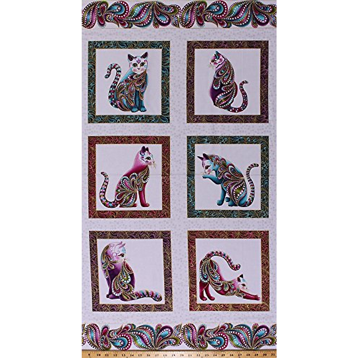 23.5" X 44" Panel Cats Animals Cat Pets Kitty Feline Paisleys Gold Metallic Shimmer Whimsical Cat-i-tude White Cotton Fabric Panel (B-2B-4200M-09)
